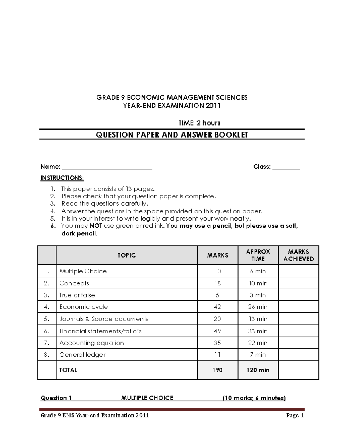 Grade 9 EMS Examination 2011: Question Paper & Answer Booklet - Studocu