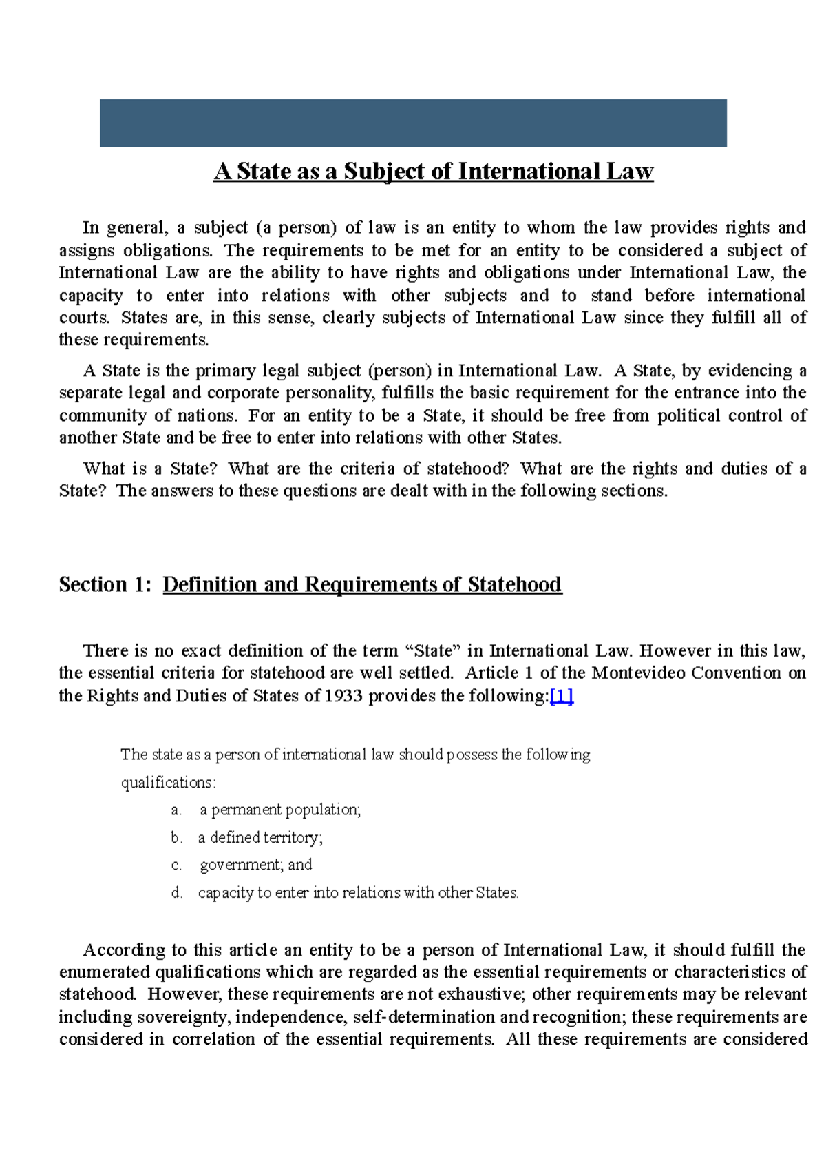 A State as a Primary Subject of International Law: Key Criteria ...