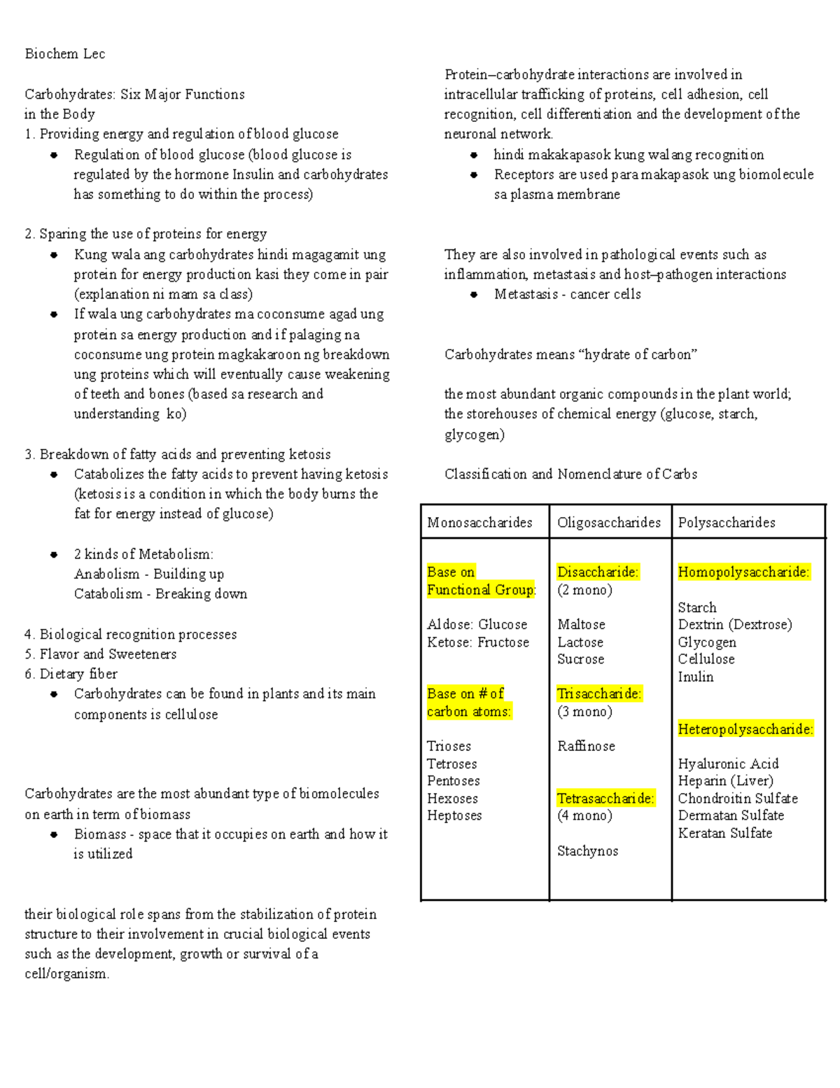 Biochem REV - Biochem Lec Carbohydrates: Six Major Functions in the ...