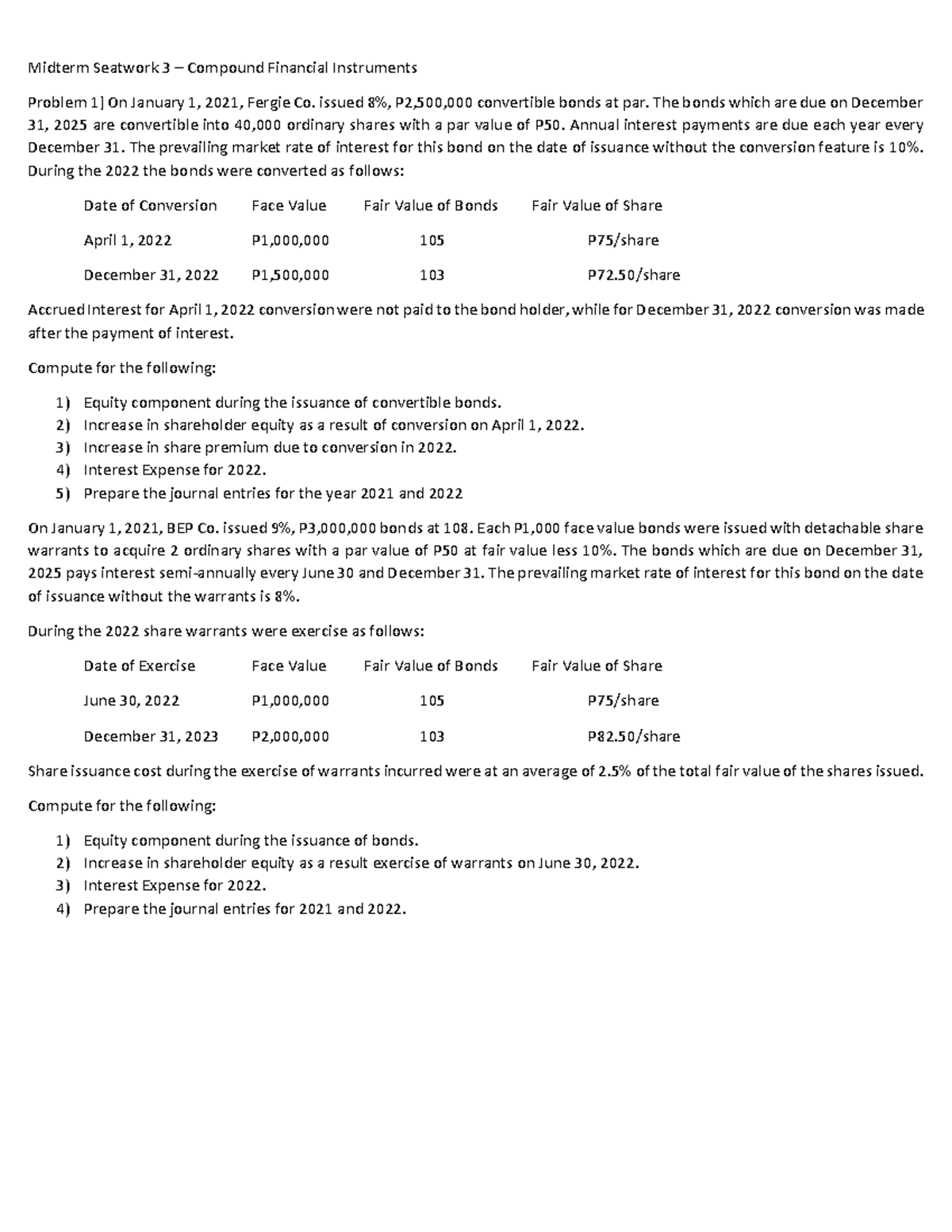 Midterm Seatwork 3: Compound Financial Instruments Analysis - Studocu