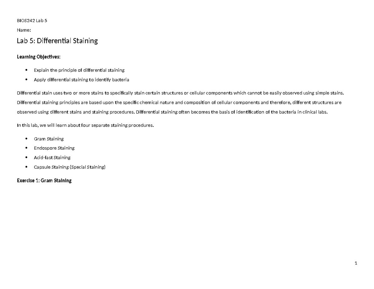 BIOS242 Week 3 Lab 5 Differential Stainupdated-1 - Name: Lab 5 ...