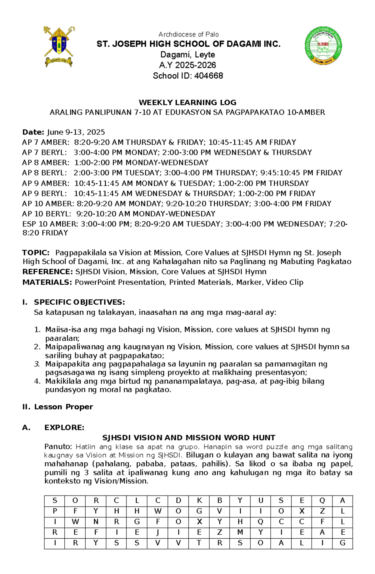 ESP 10A Weekly Learning Log: Vision, Mission, and Core Values ...