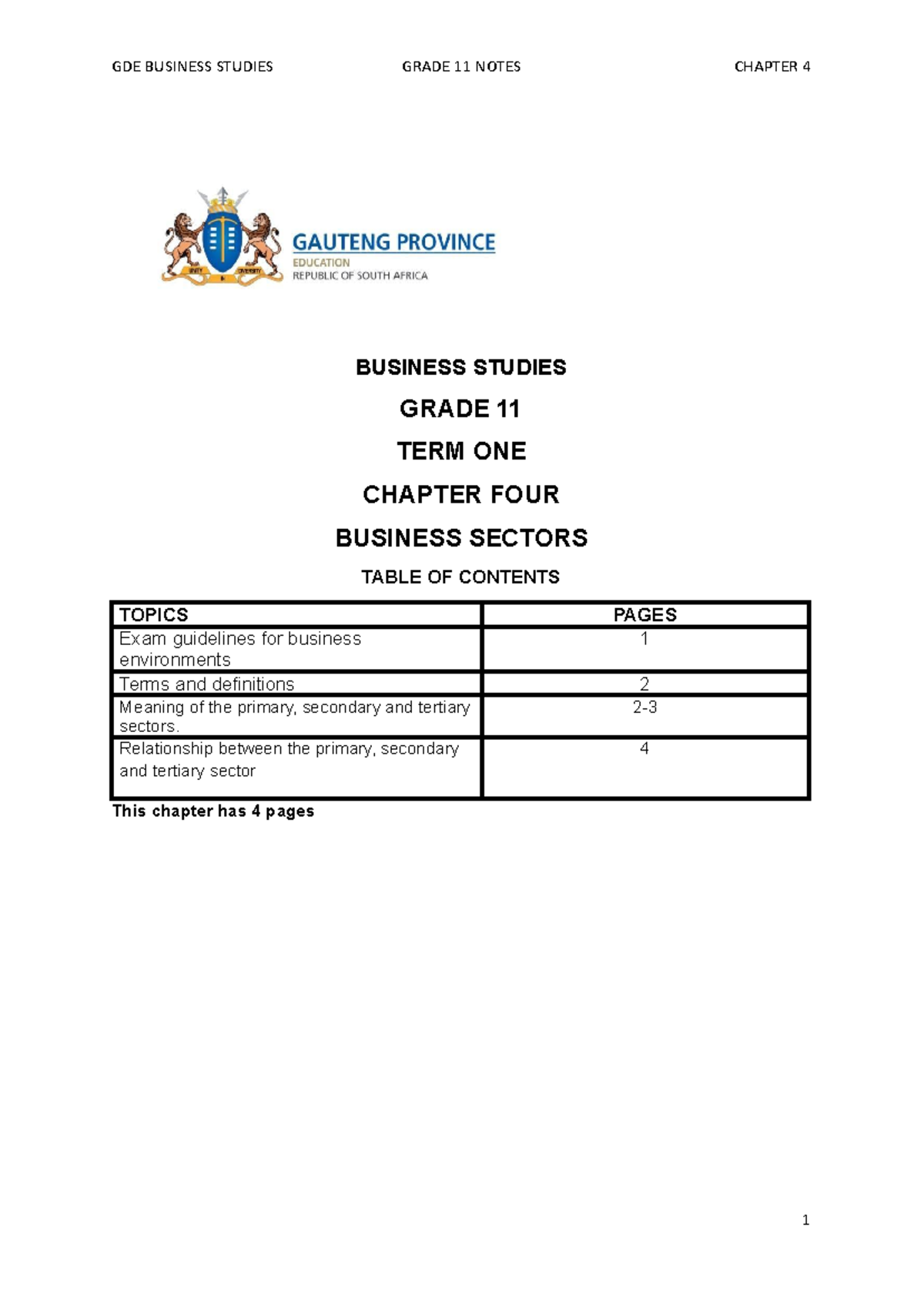 Chapter 4 Notes: Understanding Business Sectors in Grade 11 Business ...