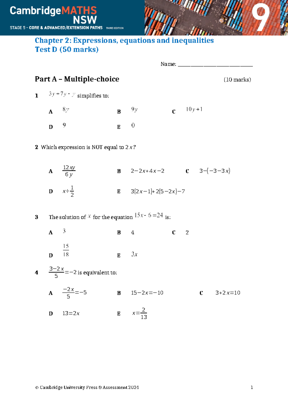 Chapter 2: Expressions, Equations & Inequalities Test D (50 Marks ...