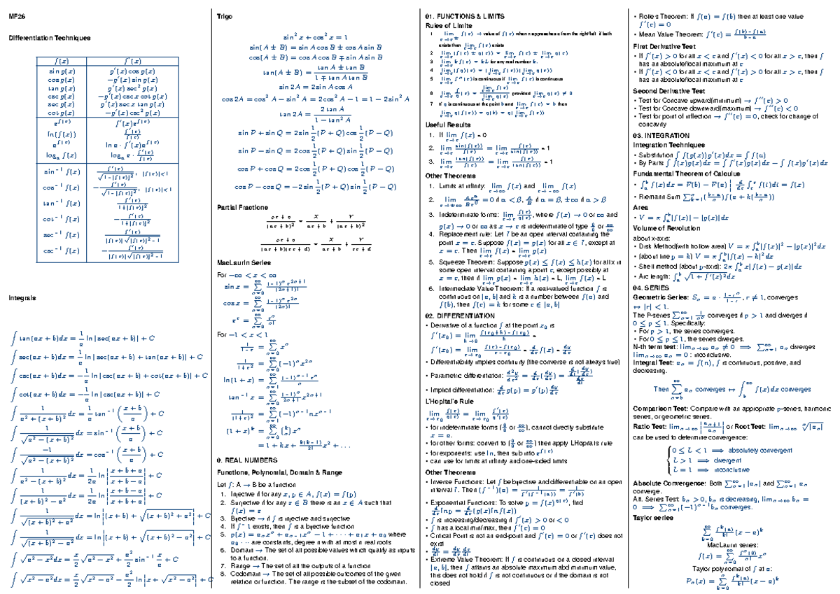 MA1521 Cheatsheet - MF Differentiation Techniques f (x) f ′ (x) sin g(x) g ′ (x) cos g(x) cos g ...
