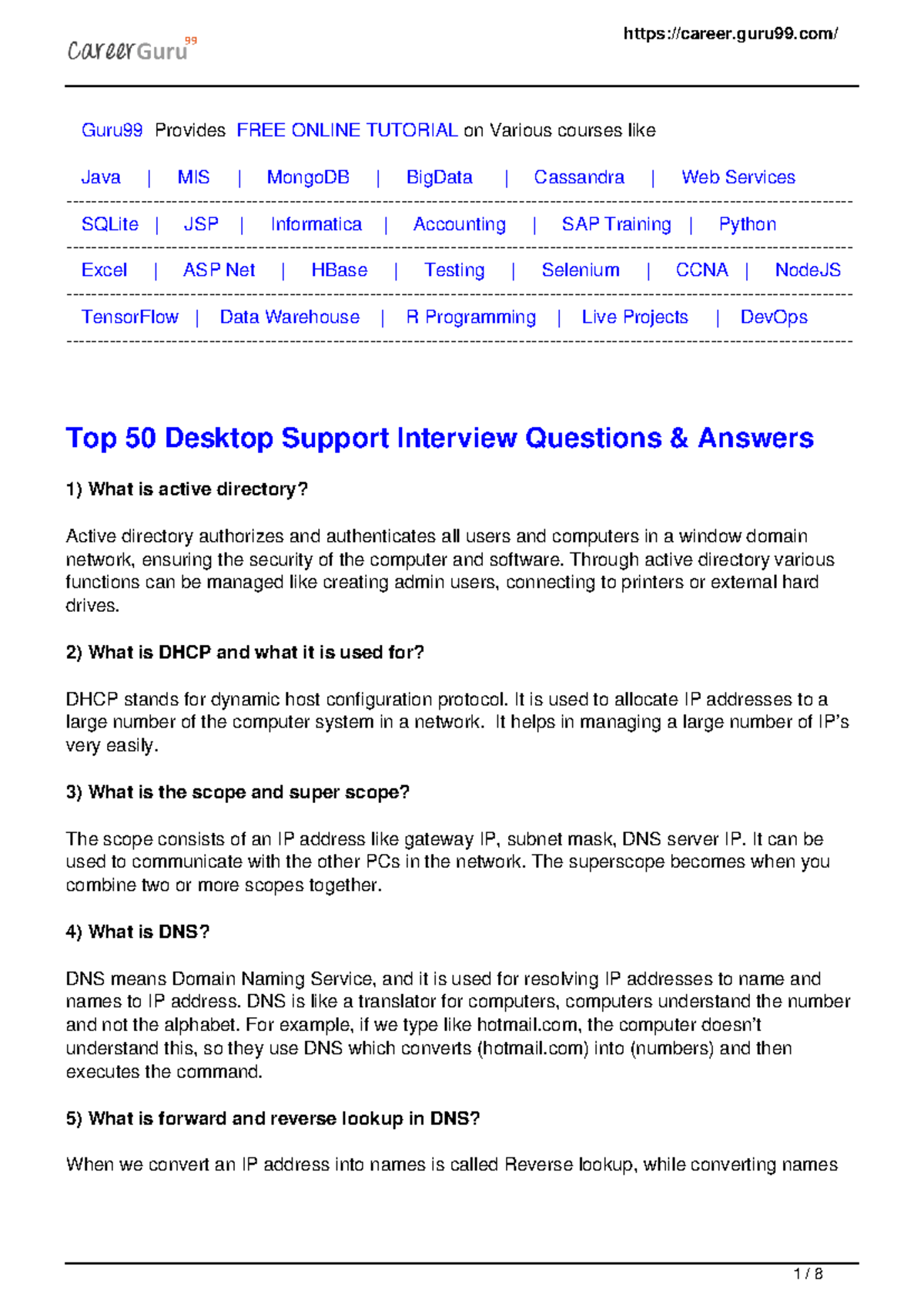 Top 50 desktop support interview questions - Guru99 Provides FREE ONLINE TUTORIAL on Various ...