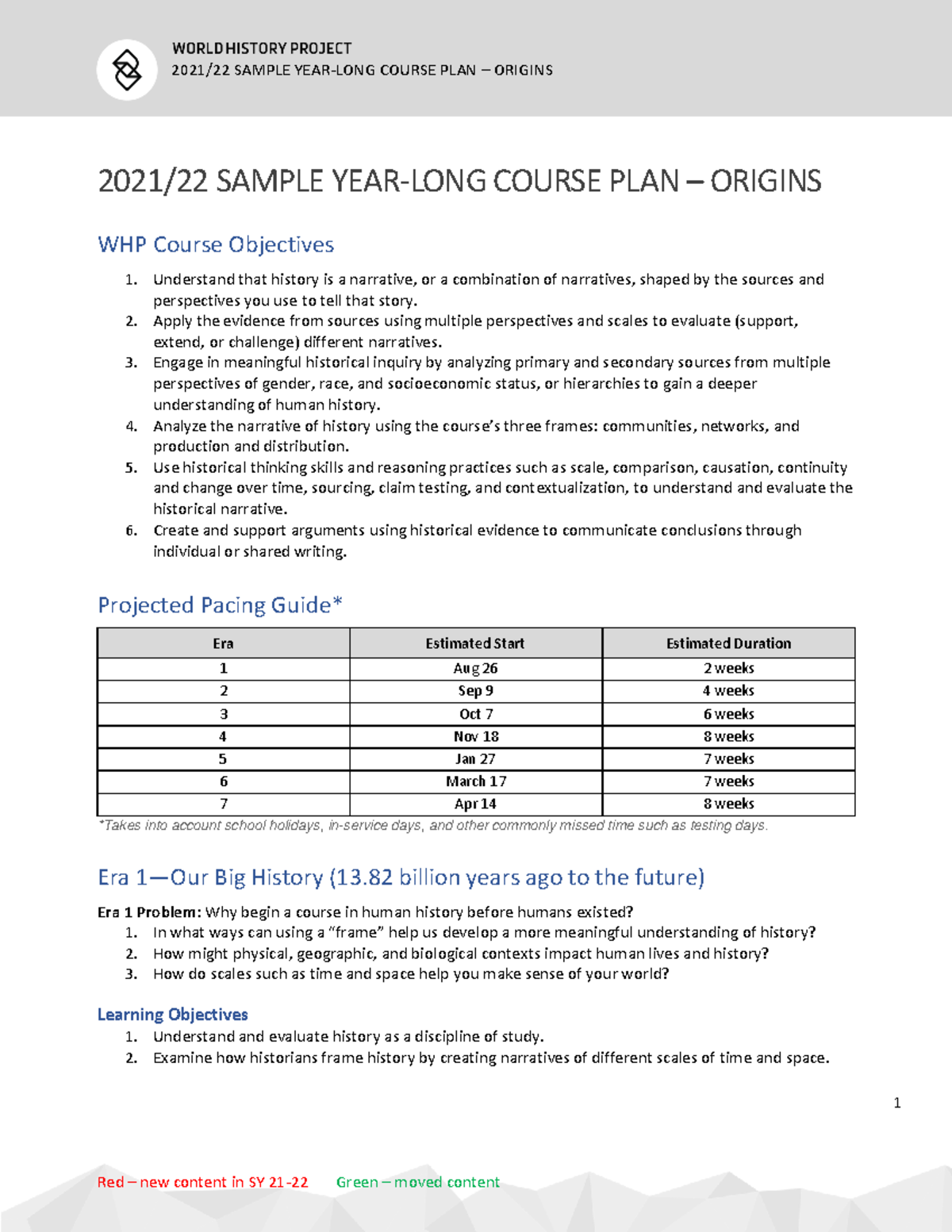 WHP Origins 2122SY Year-Long Course Plan Overview and Objectives - Studocu