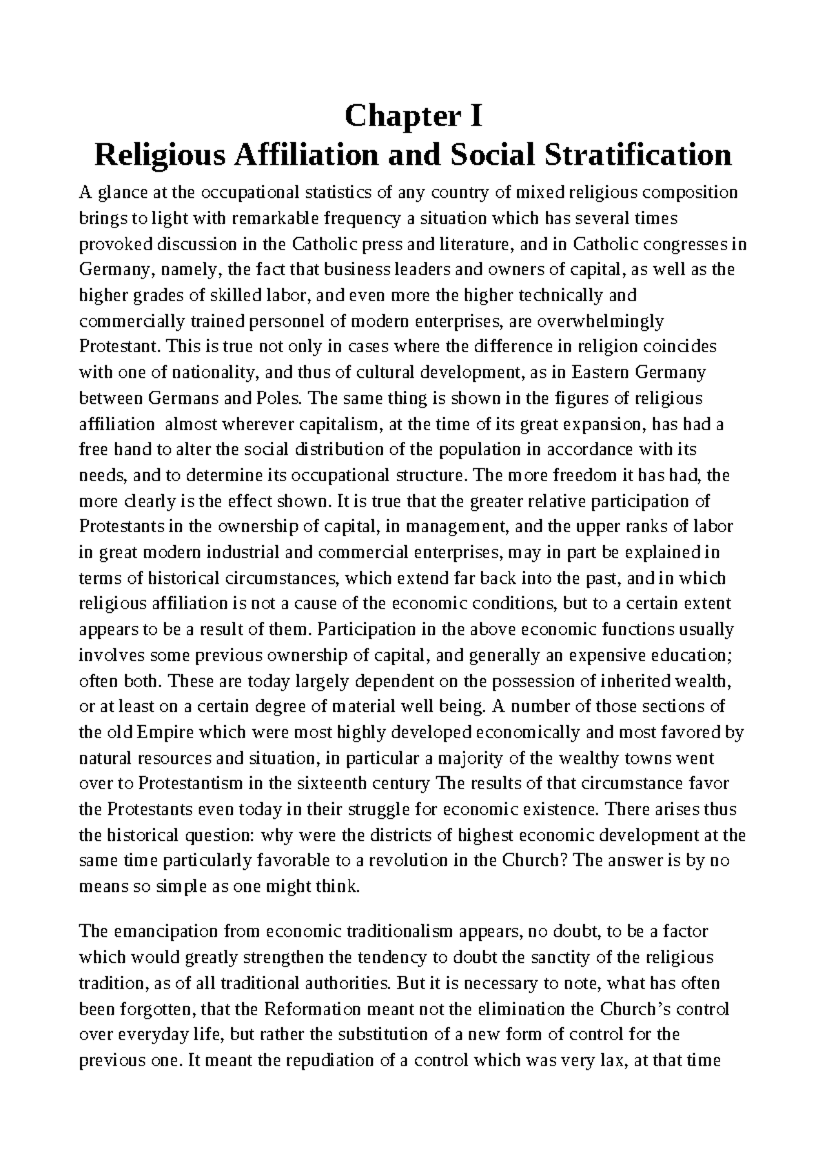 Chapter I: Religious Affiliation and Social Stratification in Weber's ...