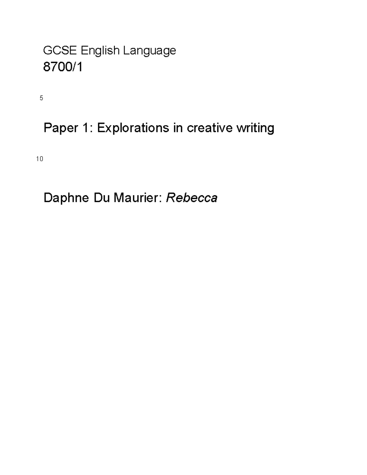 GCSE English Language Paper 1: Creative Writing on 'Rebecca' - Studocu