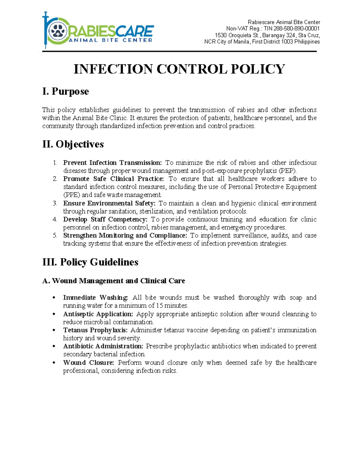 Infection Control Policy for Rabies Management at Animal Bite Clinic ...