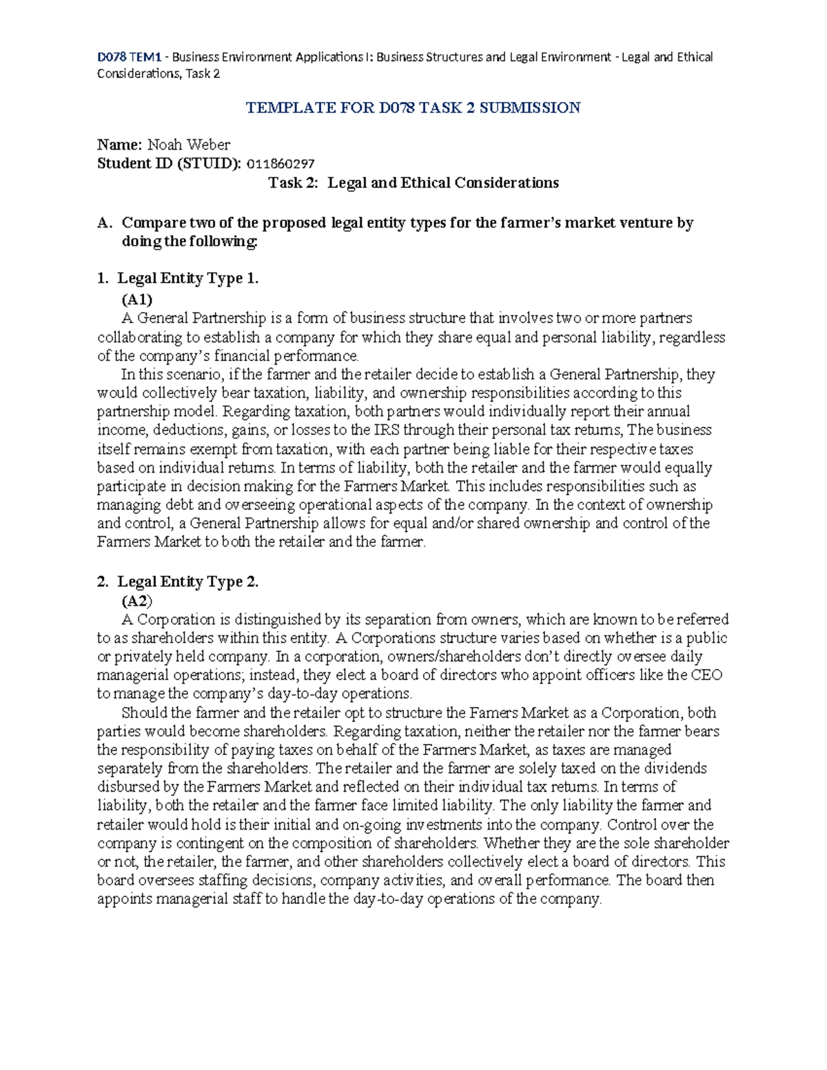 D078 - Task 2 Template: Legal & Ethical Considerations for Ventures ...