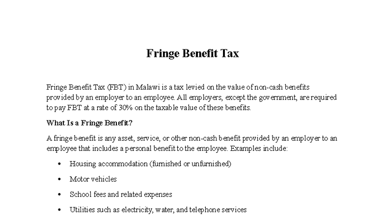 Fringe Benefit Tax (FBT) Overview and Guidelines in Malawi - Studocu