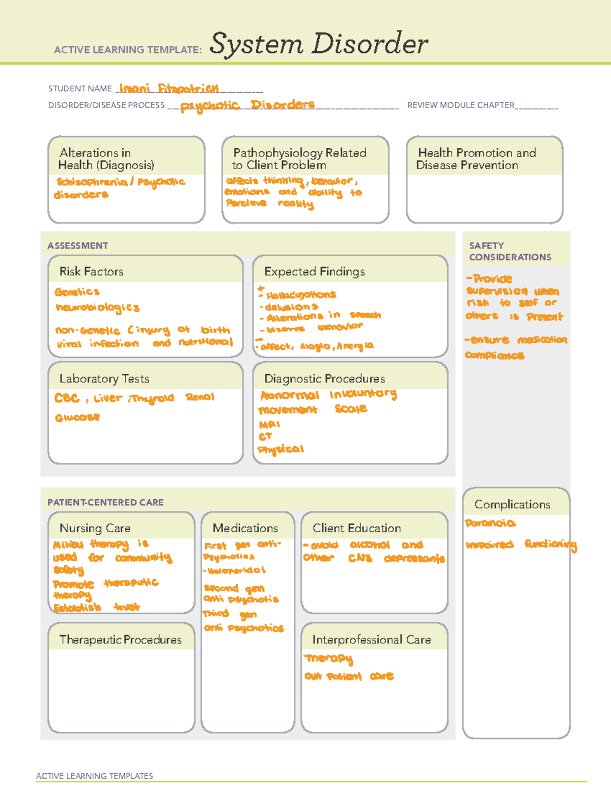 System Disorder Active Learning Template: Psychotic Disorders ...