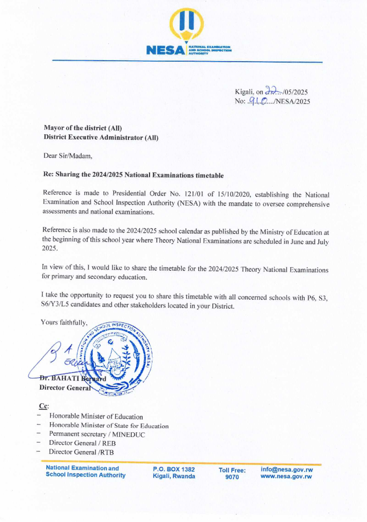 II NESA NATIONAL EXAMINATION 2024-2025 TIMETABLE FOR DISTRICTS - Studocu