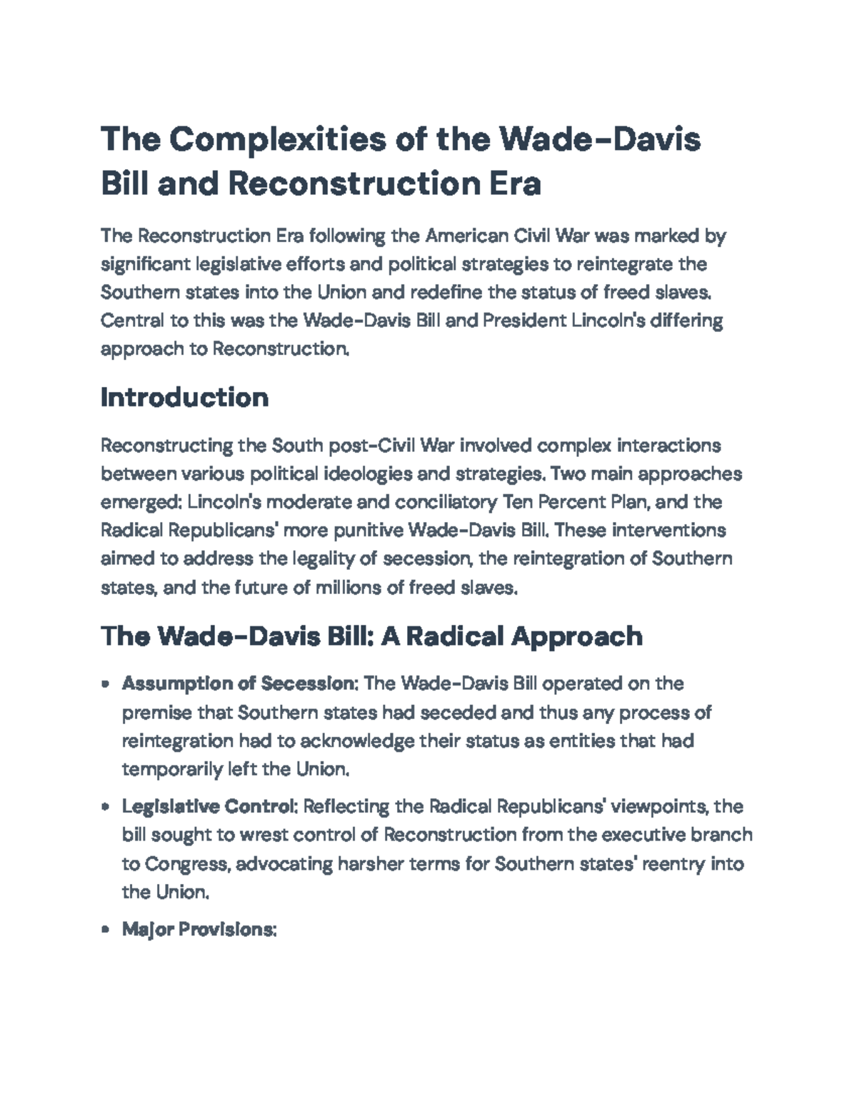 The Wade-Davis Bill vs. Lincoln's Ten Percent Plan: A Reconstruction ...