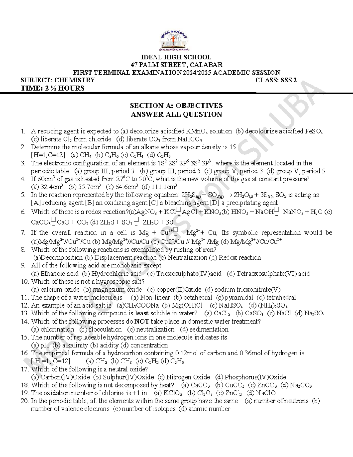 SS2 Chemistry First Term Examination Questions and Answers - Studocu
