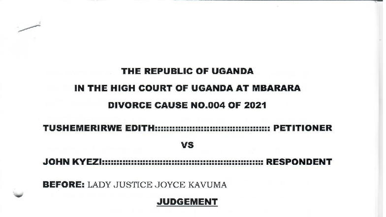 Tushemerirwe v Kyezi: Divorce Cause No. 004 of 2021 Judgement Analysis - Studocu