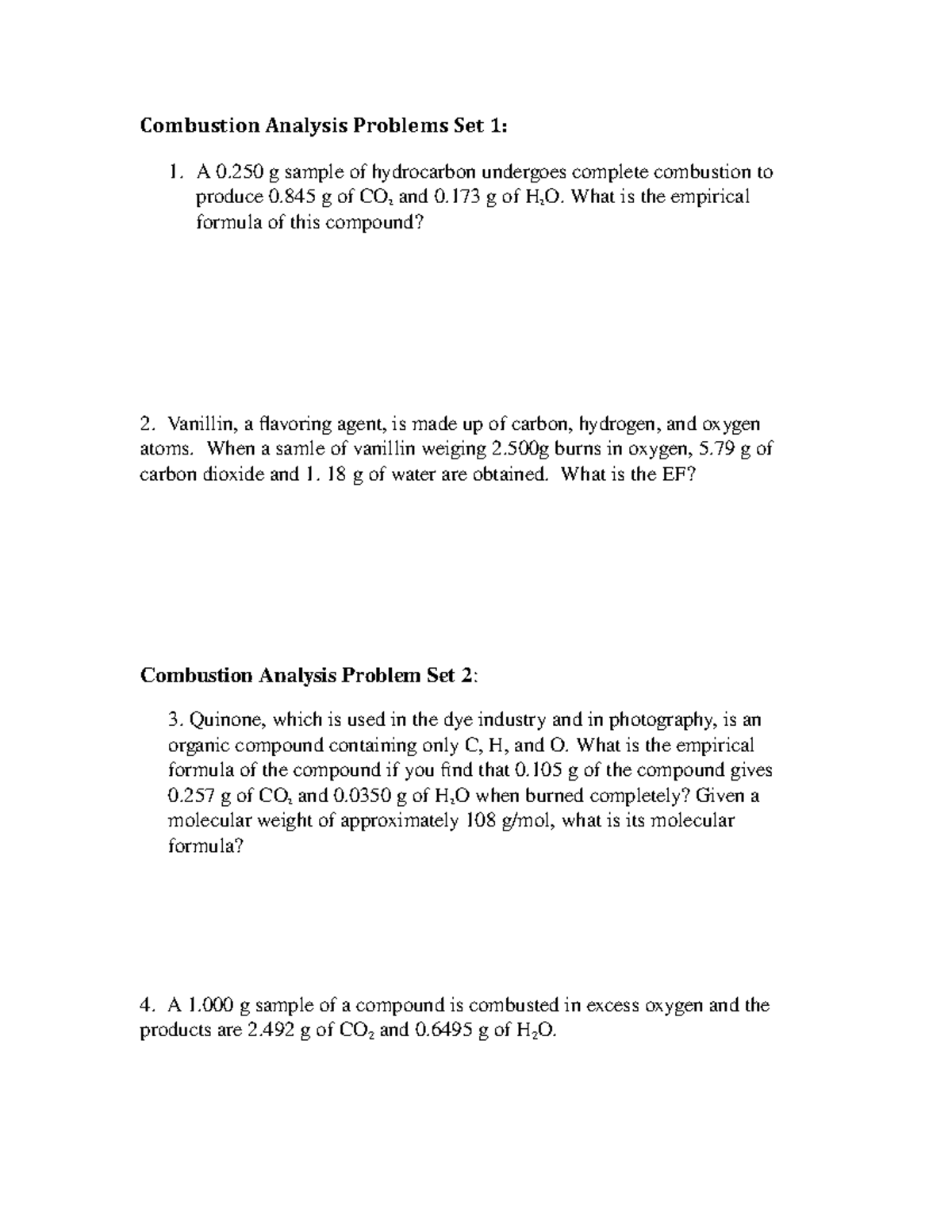 Combustion Analysis Problems Set 1-3 - What is the empirical formula of this compound? Vanillin ...