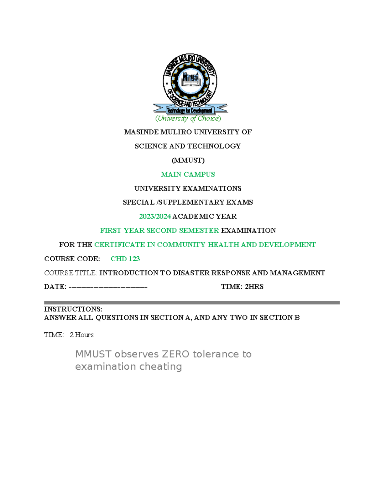CHD 123 - Special Exam Questions on Disaster Response & Management ...