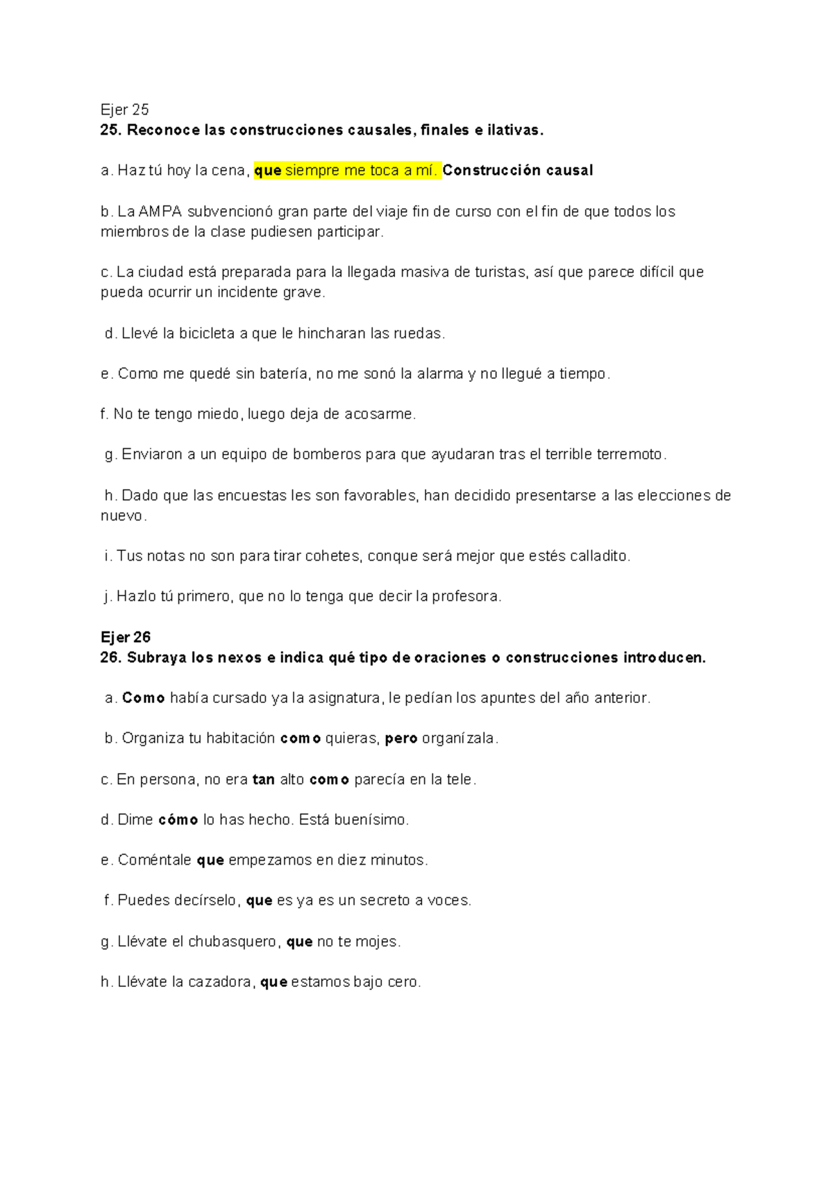 EJER 25-26: Construcciones Causales y Nexos en Oraciones - Studocu