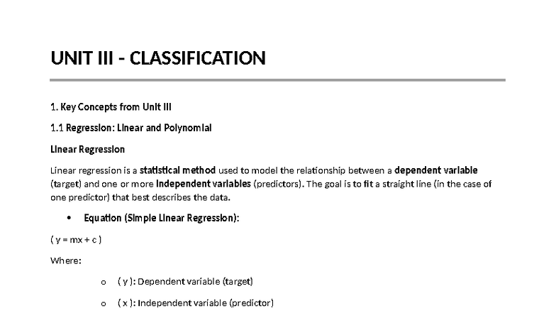 ML Unit III - CP - Key Concepts in Regression & Classification - Studocu