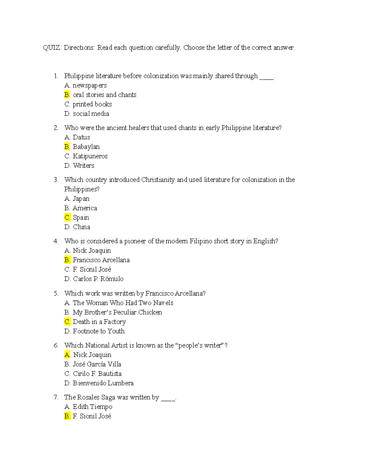 QUIZ-CPAR: Philippine Literature and National Artists Overview - Studocu