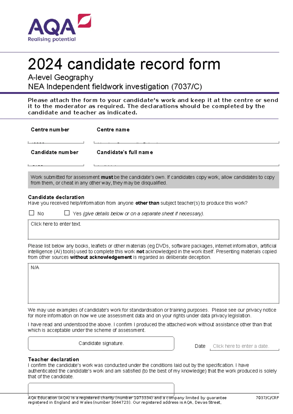 AQA-7037C-CRF-24 - A-Level Geography NEA Candidate Record Form Notes ...