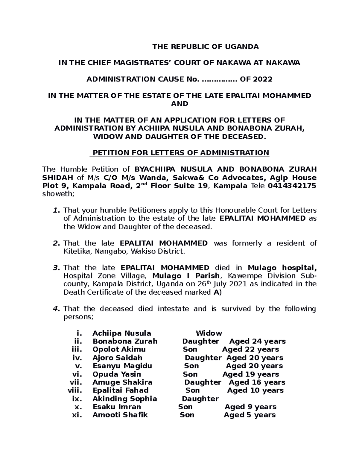 Letters of Administration for EPALITAI MOHAMMED - Case No. 2022 - Studocu