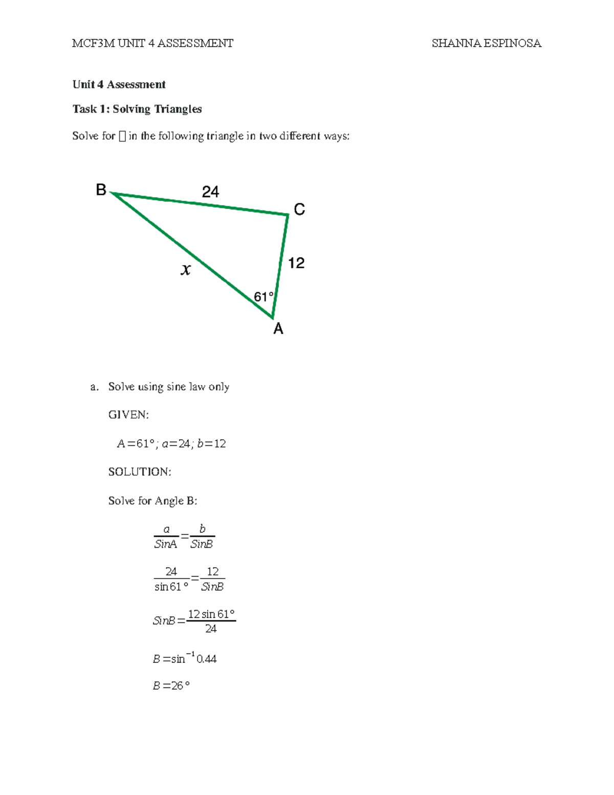 Unit 4 Assignment 1: Solving Triangles and Sinusoidal Functions MCF3M ...