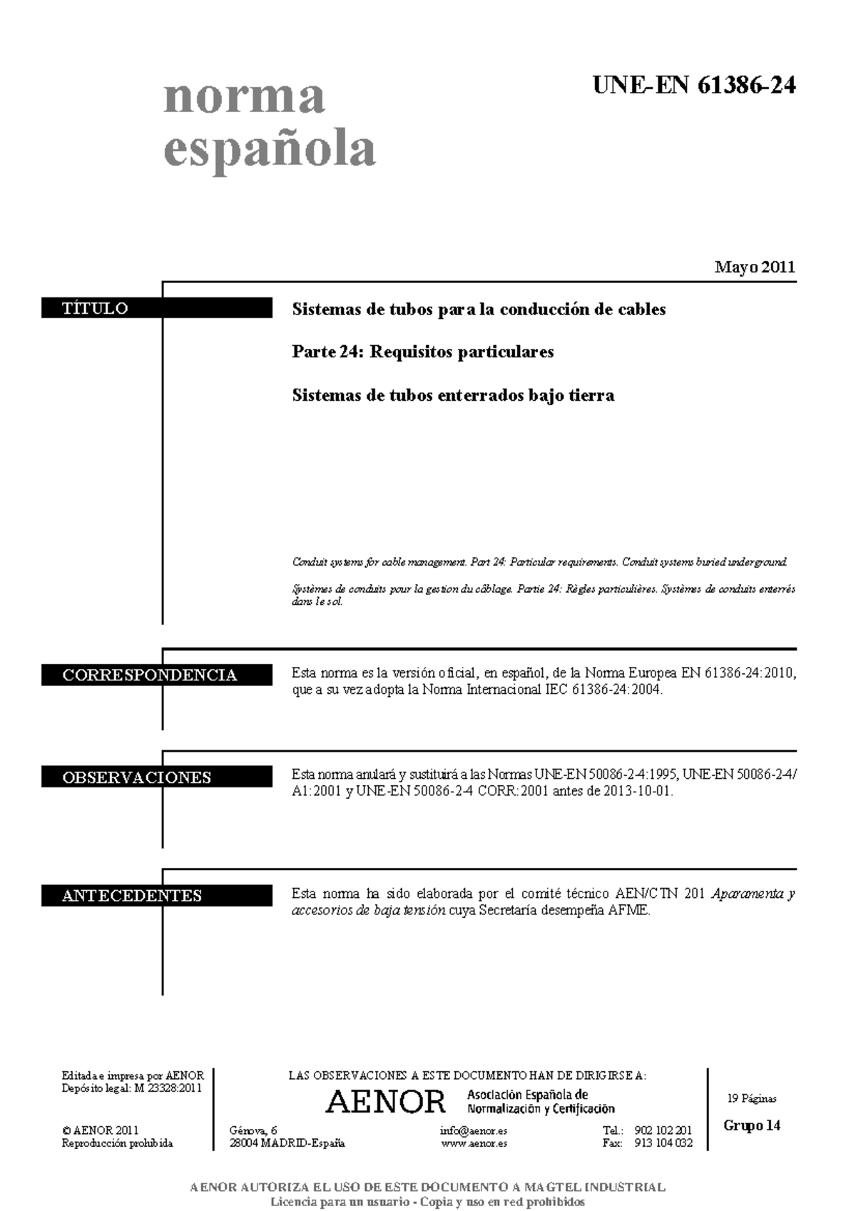 UNE-EN 61386-24:2011 - Requisitos para Sistemas de Tubos Enterrados ...