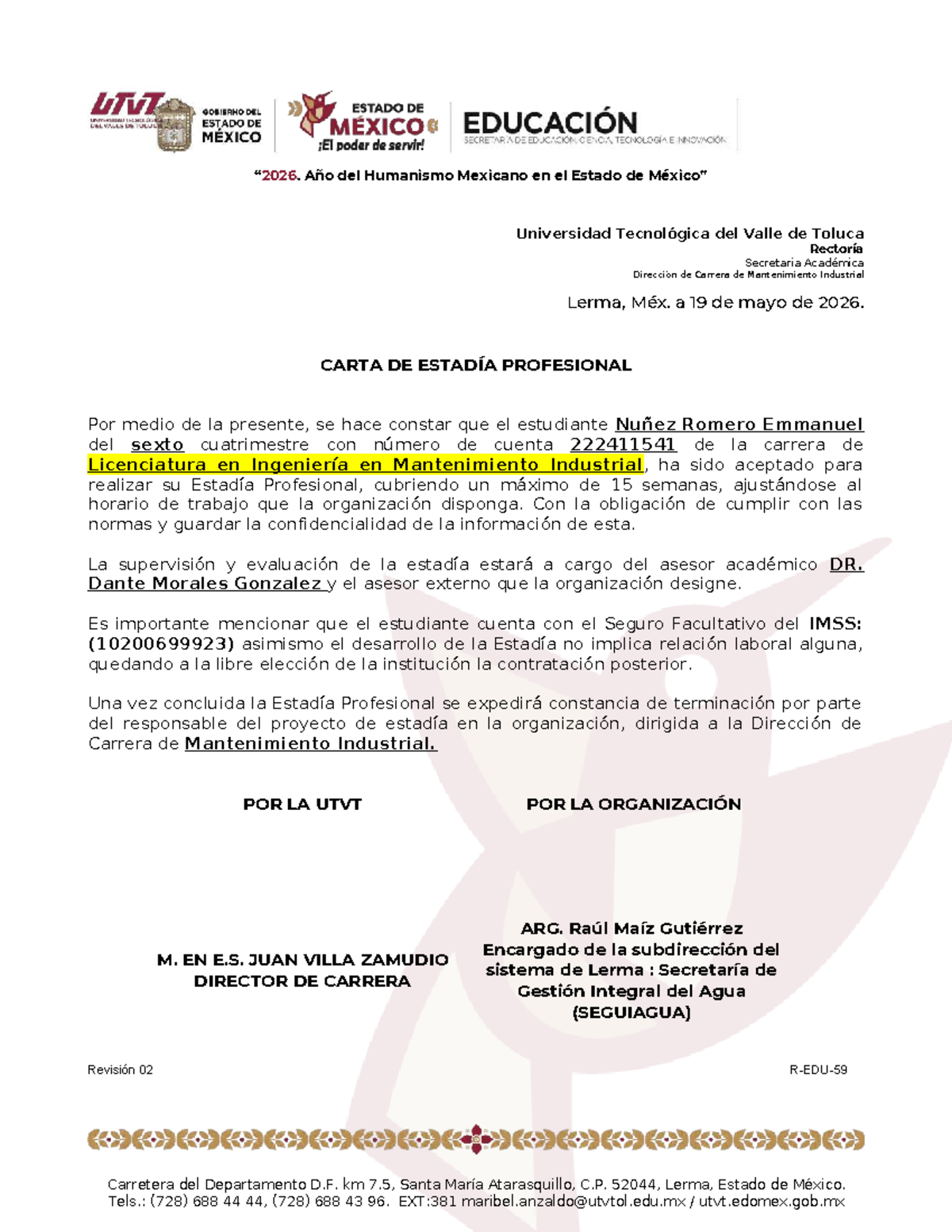 Carta de Estadía Profesional - Lic. en Ingeniería en Mantenimiento ...