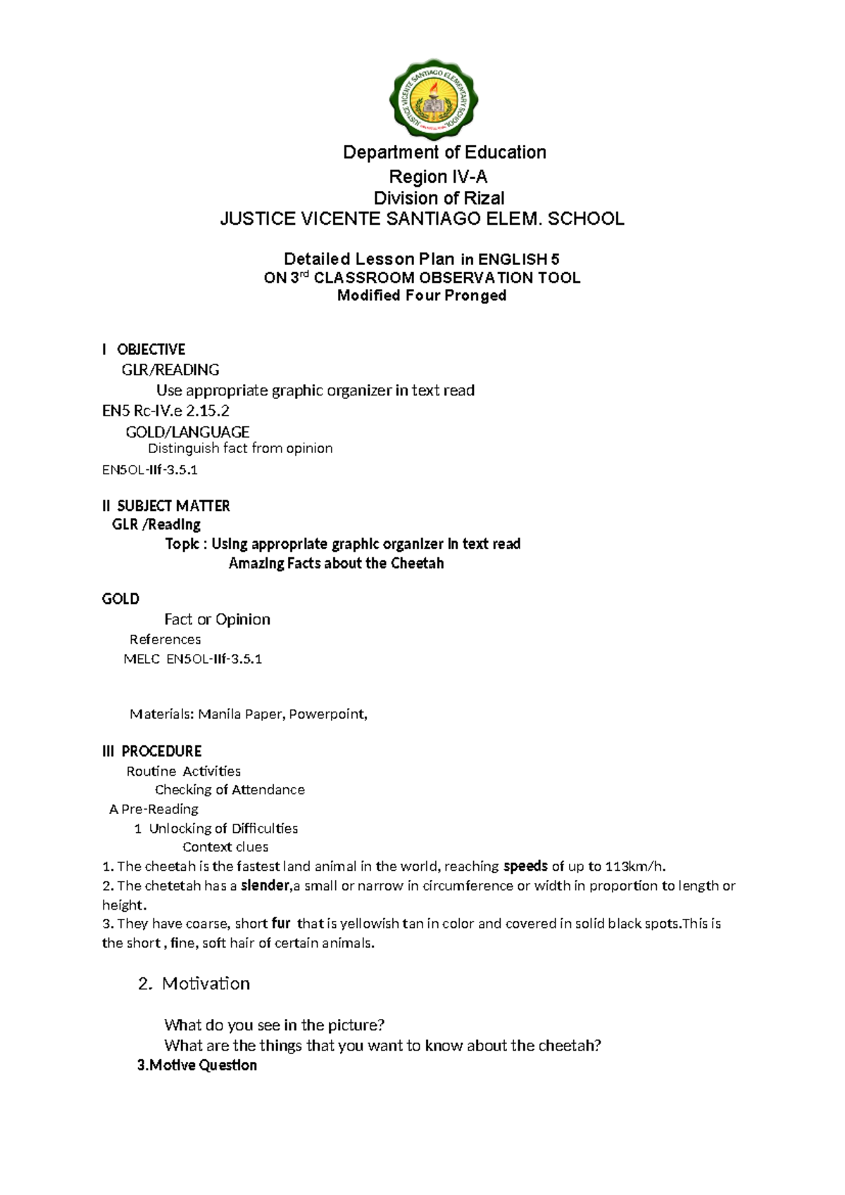 3rd COT 2024 G5 - Lesson Plan - Department of Education Region IV-A ...