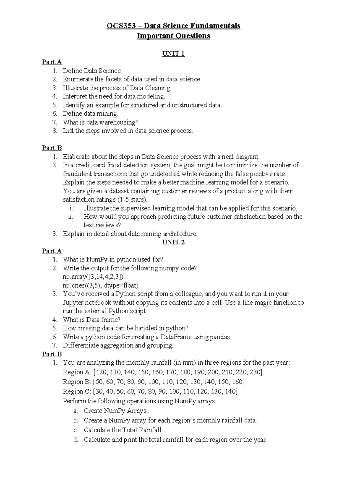 OCS353 - Data Science Fundamentals Important Questions Overview - Studocu