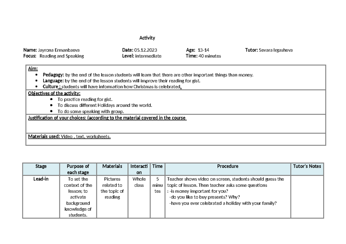 Activity Plan for Jayrona Ermanbaeva (Age 13-14), Intermediate Level ...