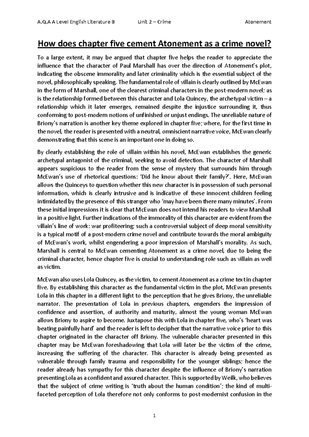 A Level English Lit B Essay: Analyzing Crime in Atonement (Unit 2 ...