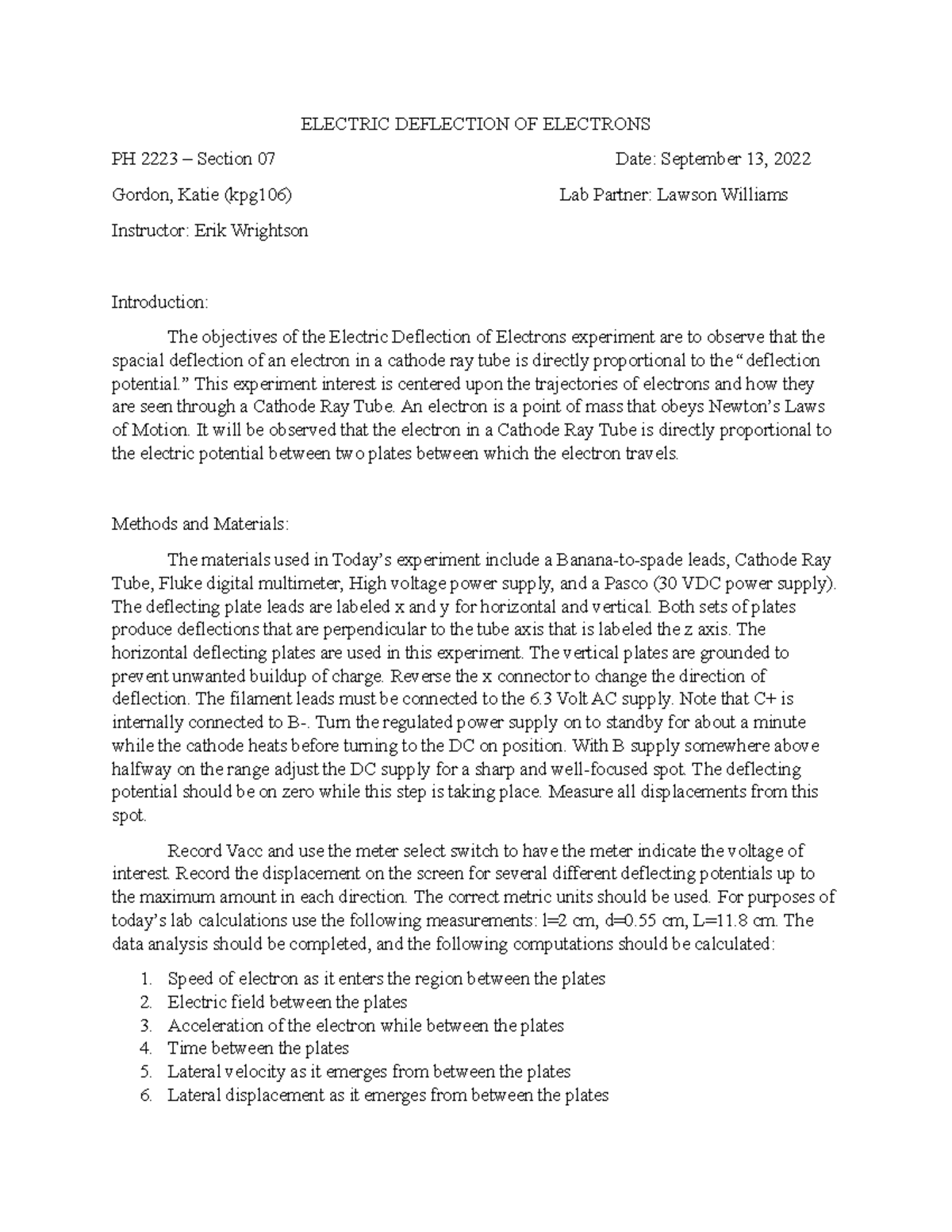 PH 2223 - Lab Report 3: Electric Deflection of Electrons Experiment ...