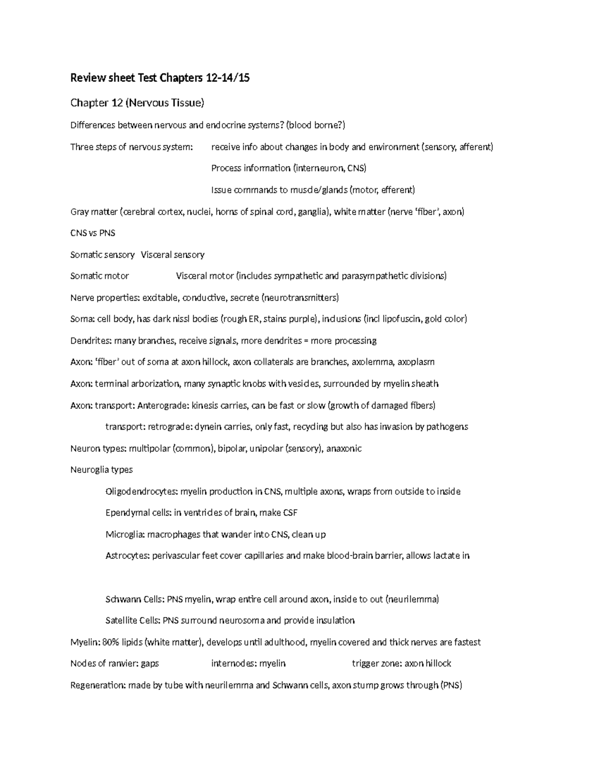Test Review Sheet: Chapters 12-15 in Anatomy & Physiology - Review ...