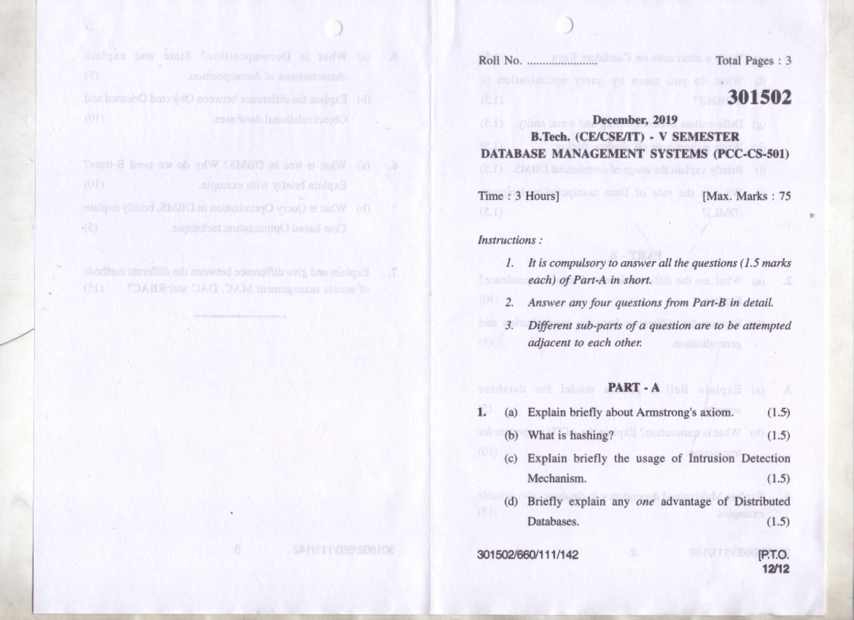 B.Tech V Sem DBMS PYQ2 - Previous Question Paper - Studocu