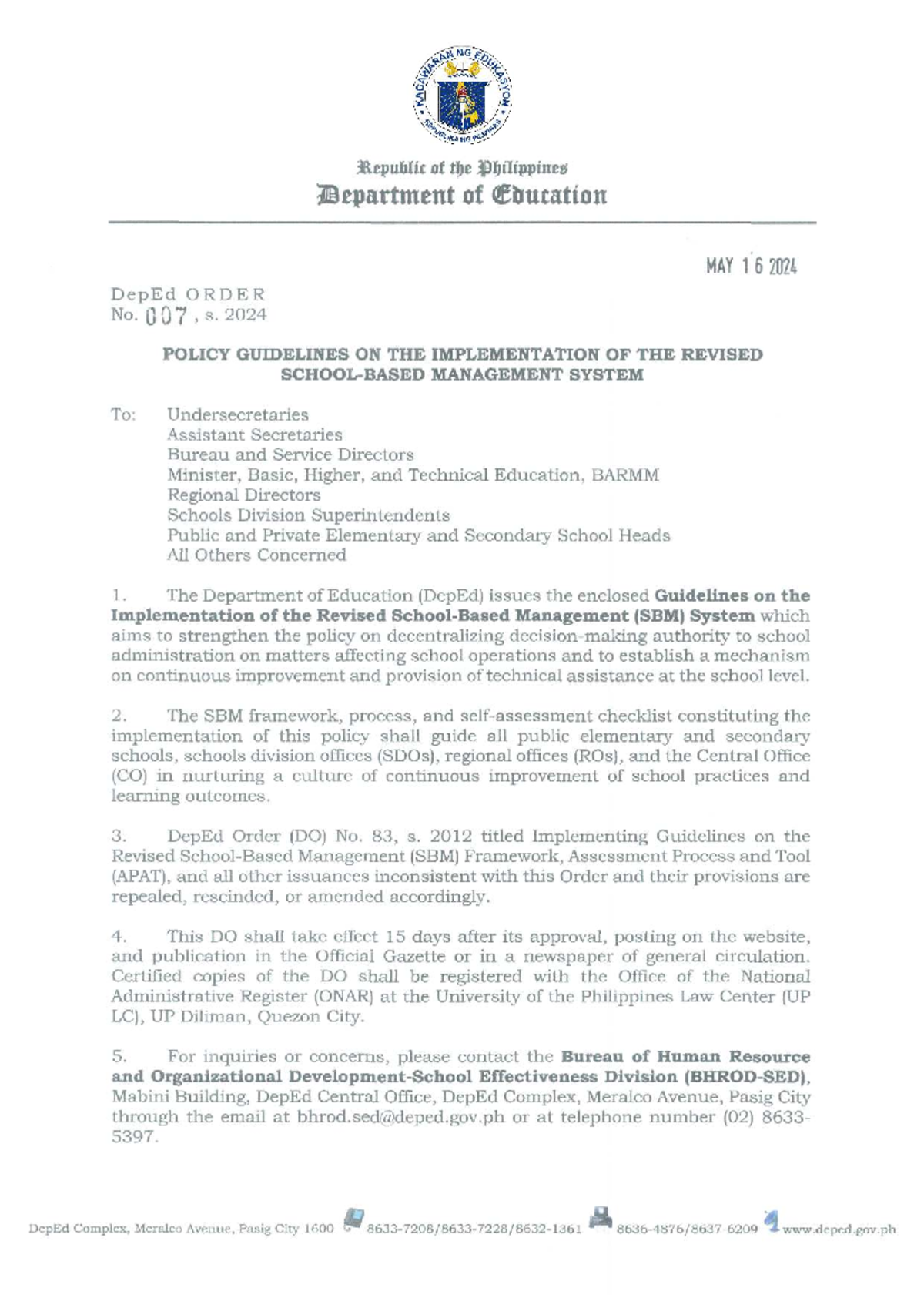 DepEd Order No. 007, S. 2024: Policy Guidelines for Revised SBM ...