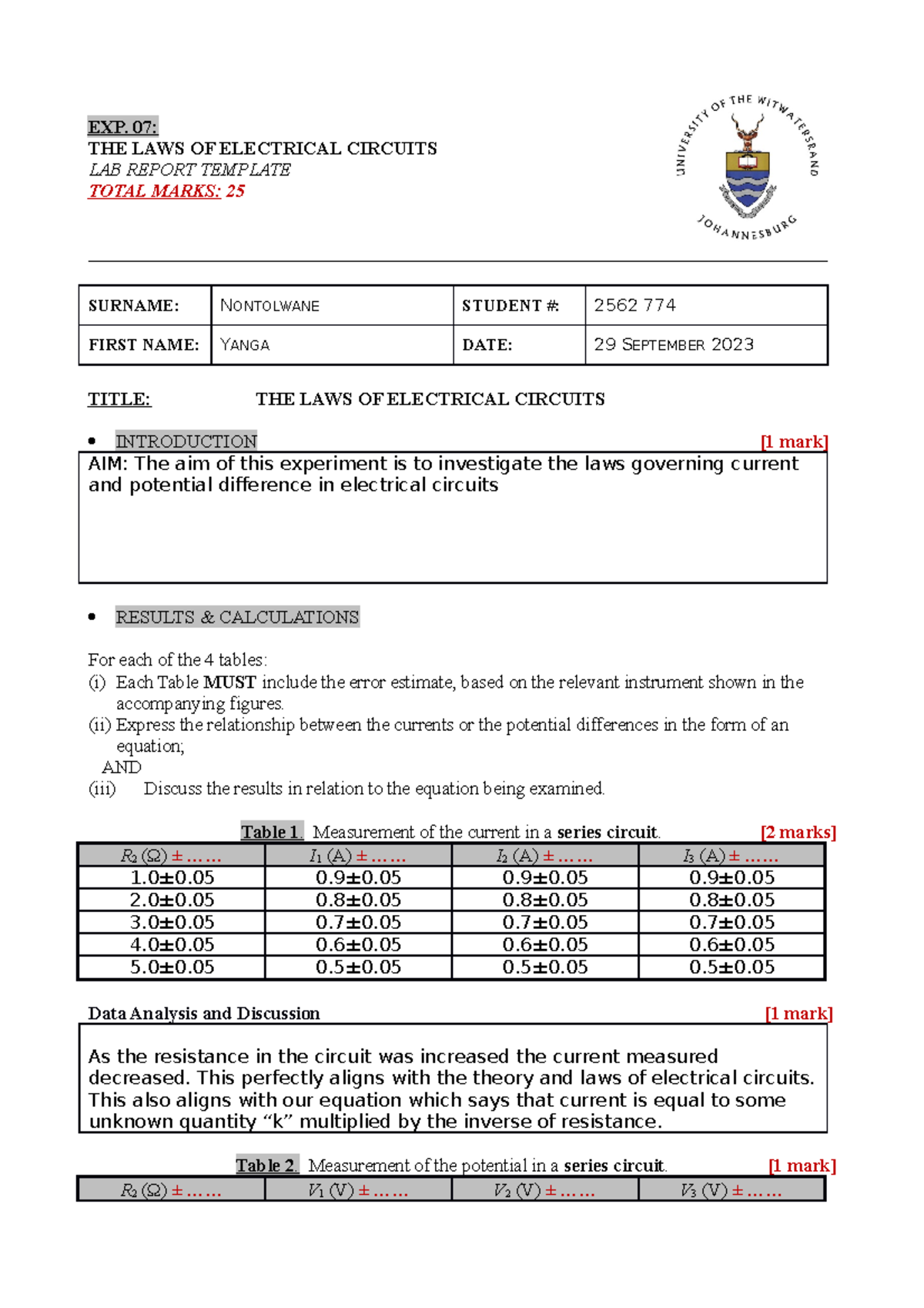 Lab Report on Electrical Circuits - Exp07 Analysis and Results - Studocu