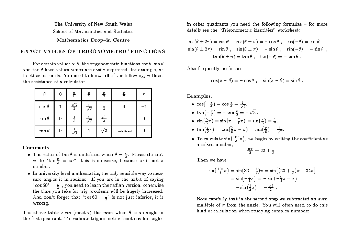 2022 01 Science Maths Trig Values: Key Formulas & Exact Values - Studocu