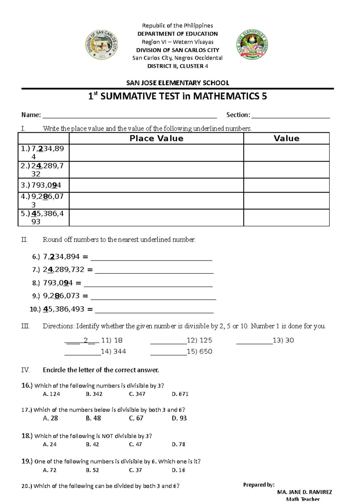 MATH 5 Summative Test: Place Value, Rounding, and Divisibility - Studocu