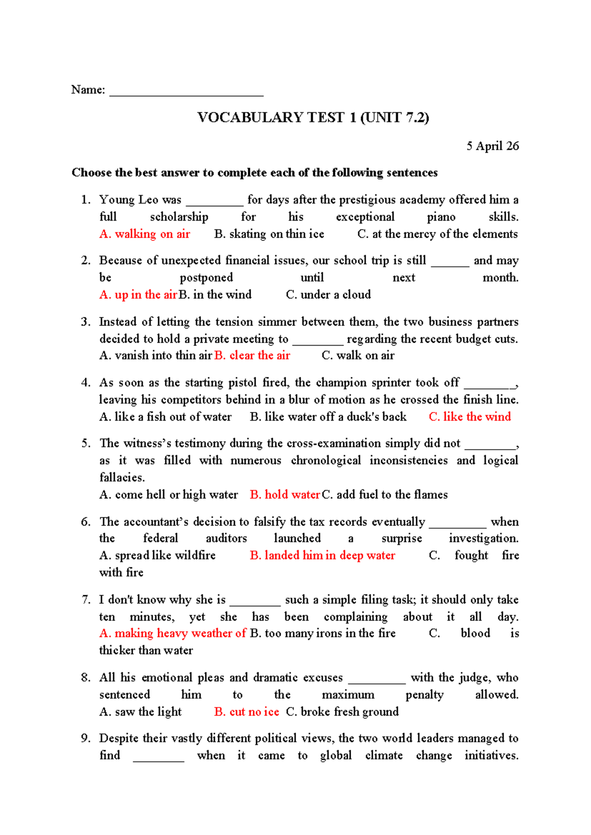 Vocabulary Test 1 (Unit 7.2) - April 5 Completion Exercise - Studocu