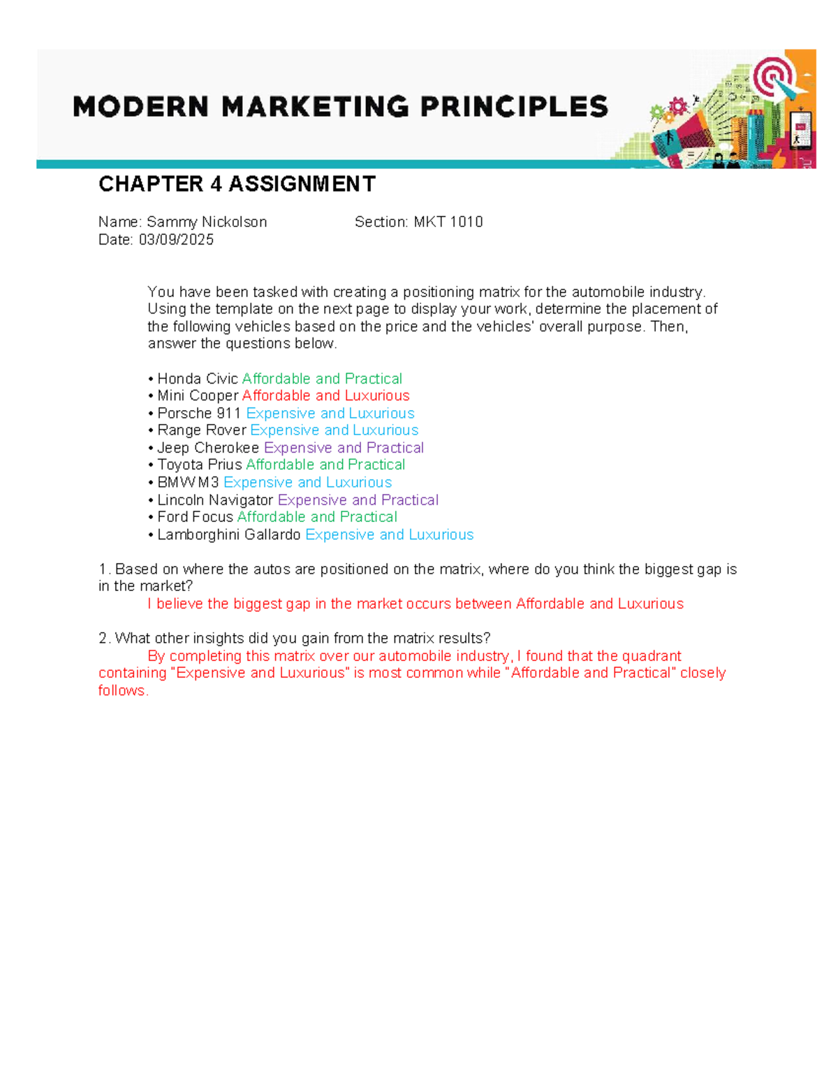 MKT 1010 - Chapter 4 Assignment: Positioning Matrix Analysis - Studocu