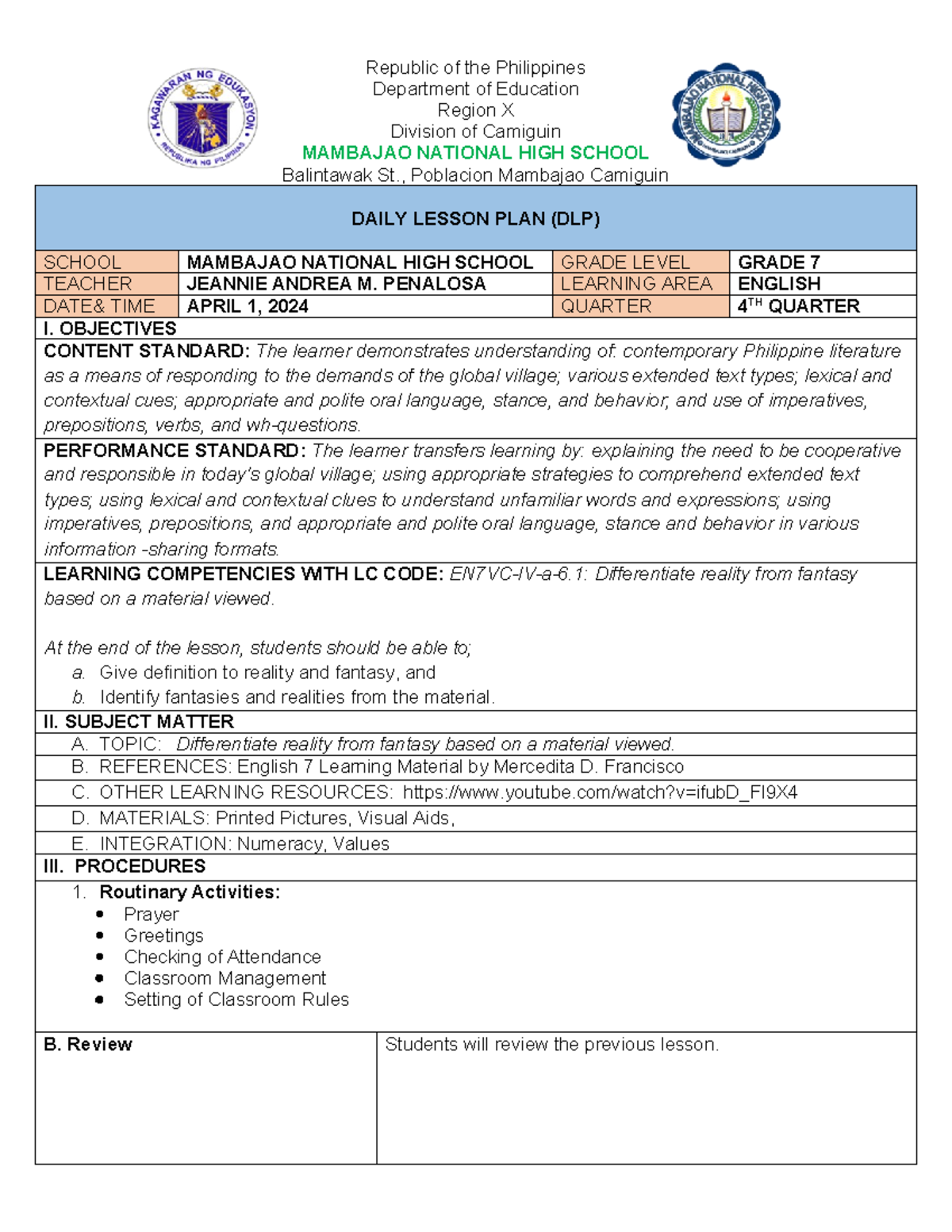 DLP: Differentiating Reality from Fantasy Lesson Plan for Grade 7 - Studocu