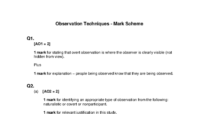 AQA Psychology Observation Techniques Mark Scheme Analysis - Studocu