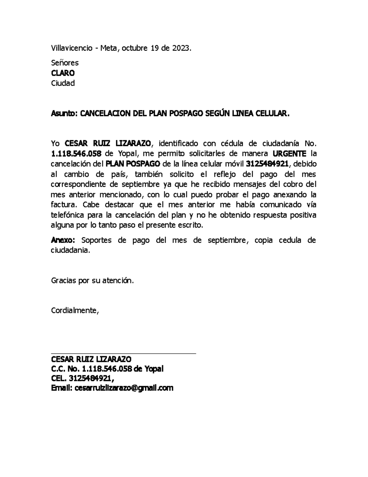 Carta Cancelacion PLAN Hogar claro - Villavicencio - Meta, octubre 19 ...