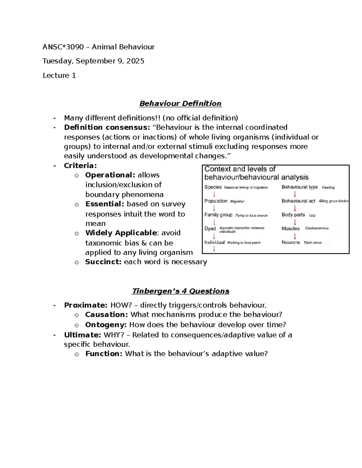 Animal Behaviour (Course Code) Lecture 1: Defining Behaviour - Studocu