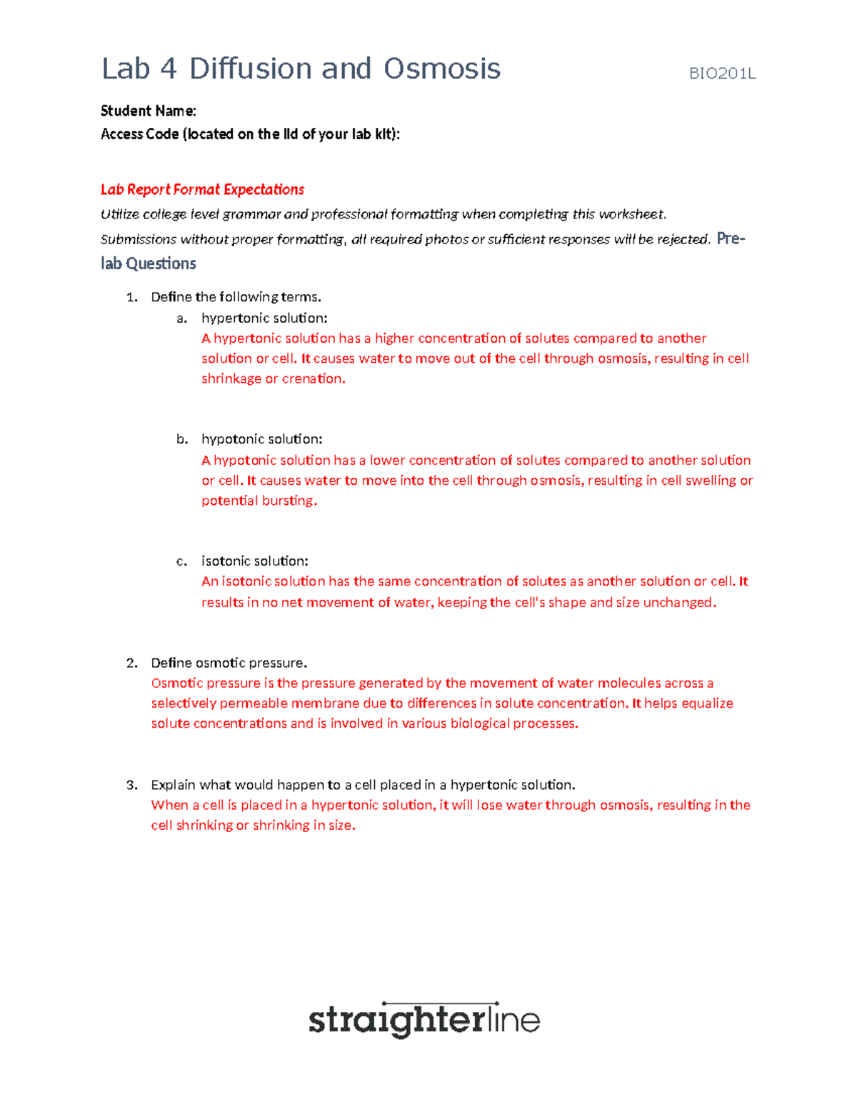 BIO201 Lab 4 - Osmosis and Diffusion Experiments Report - Studocu