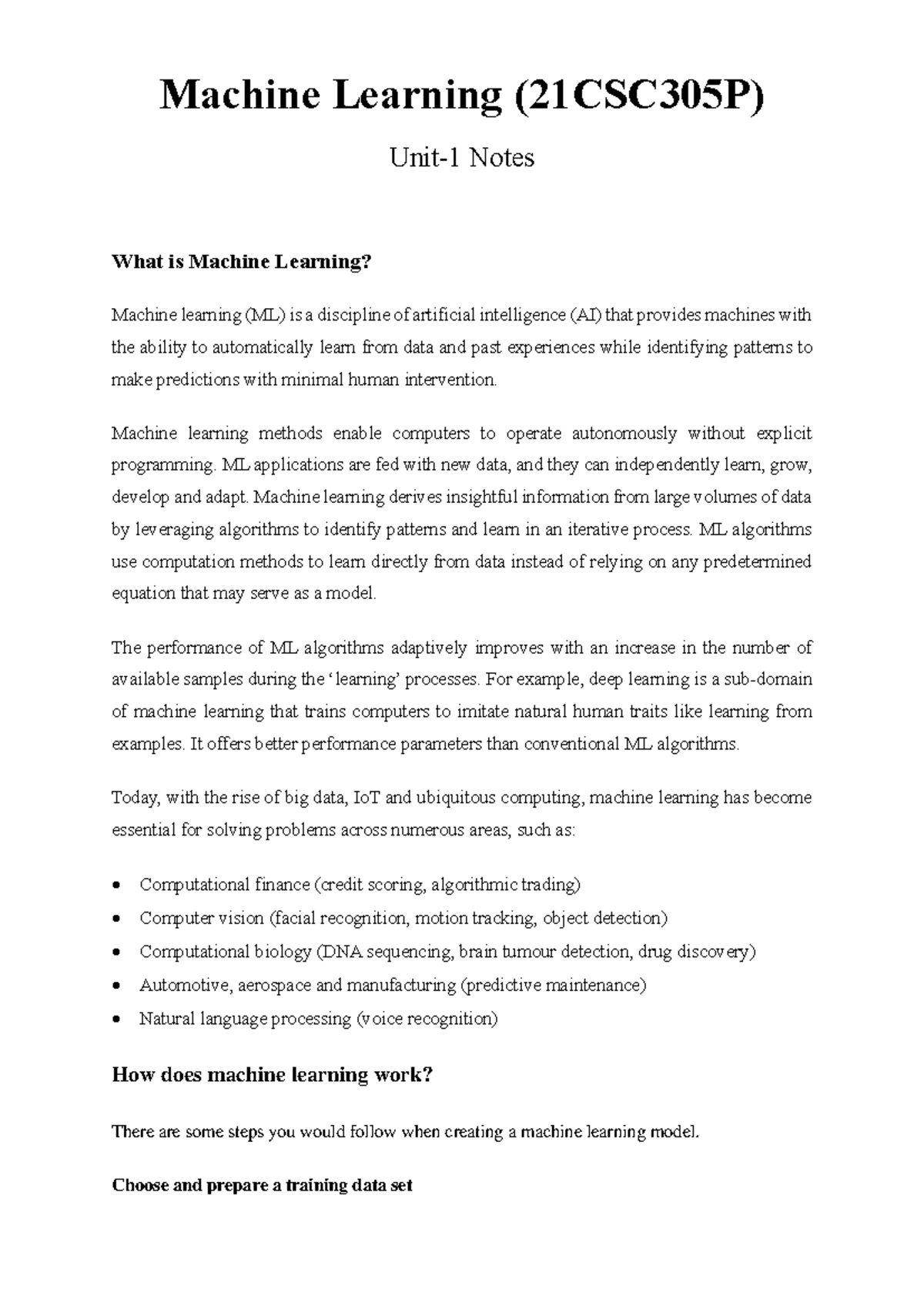 Machine Learning (21CSC305P) Unit 1 Notes: Introduction & Concepts ...